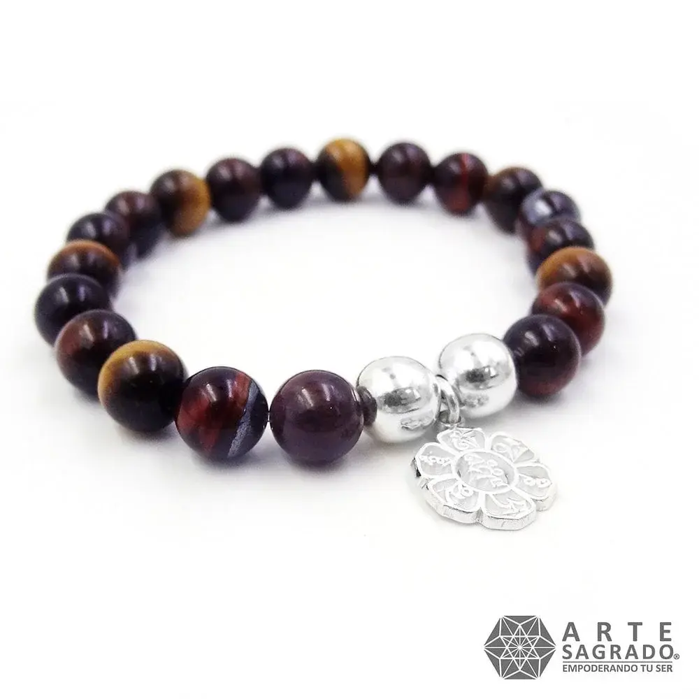 Pulsera Om Mani Padme Hum Loto en Plata 0.925 con Ojo de Tigre y Ojo de ...